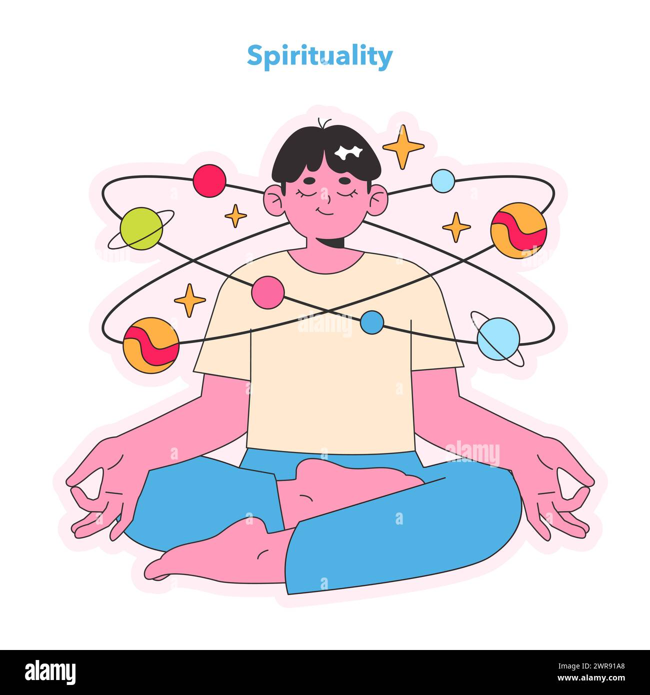 Spirituality concept. Meditating man with serene expression surrounded ...