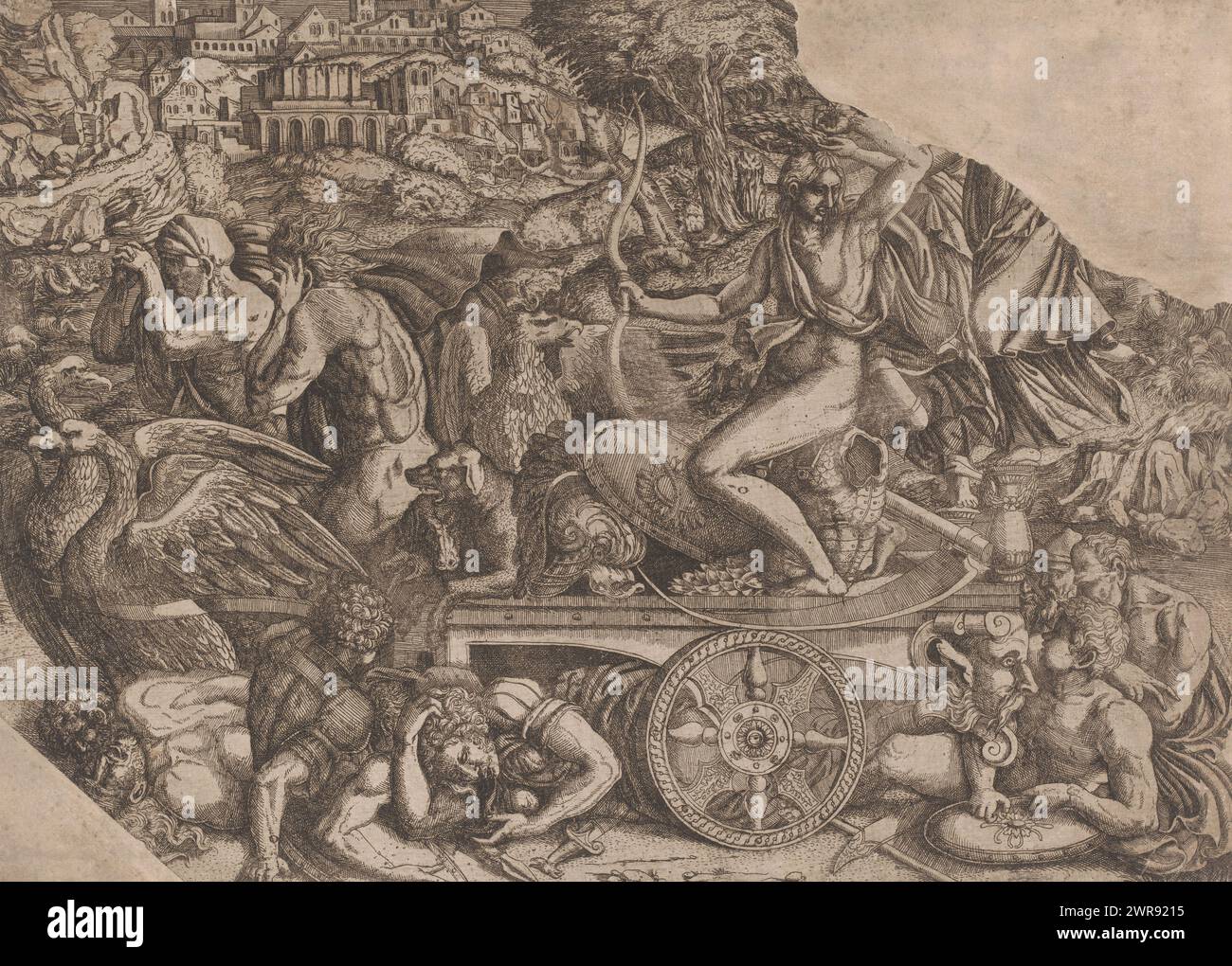 Allegory of war, Woman on a chariot, drawn by eagles, is crowned ...