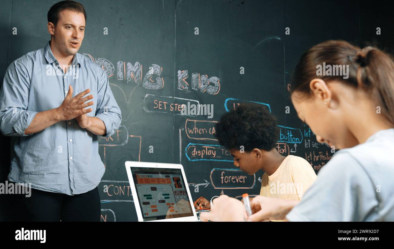 Happy caucasian teacher clap hands to applause student to encourage ...