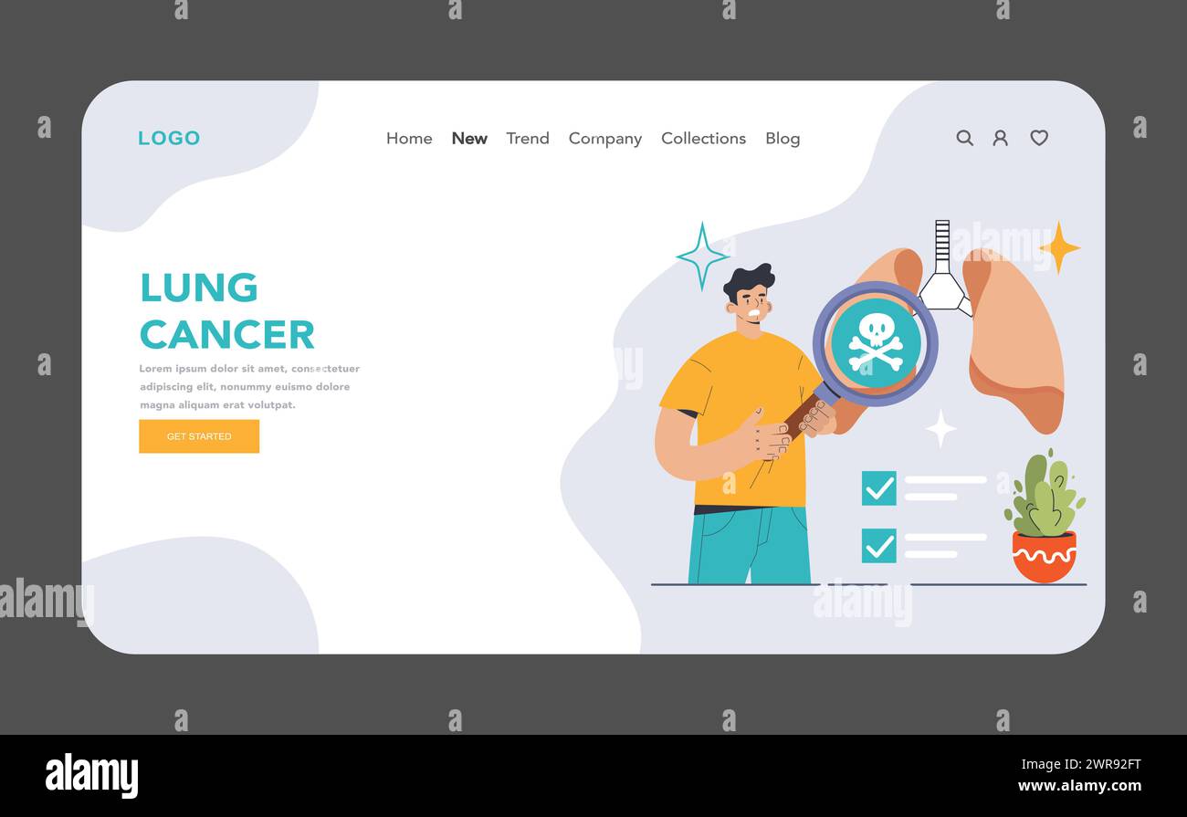 Lung Cancer awareness web or landing. Man inspects magnified lung ...