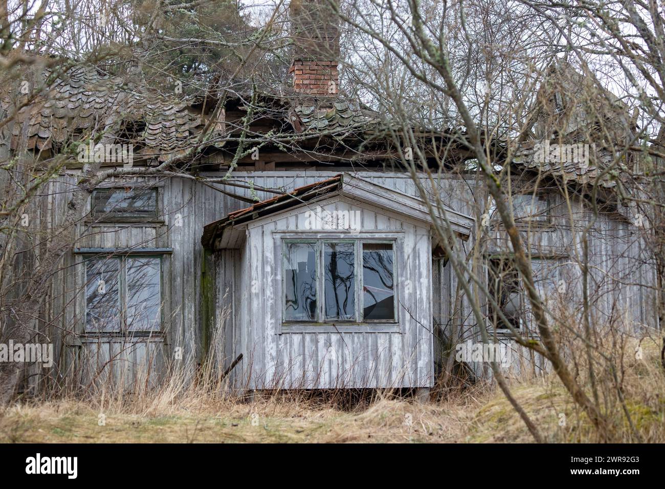 Old derelict farm house abandoned. Broken windows and roof with ...