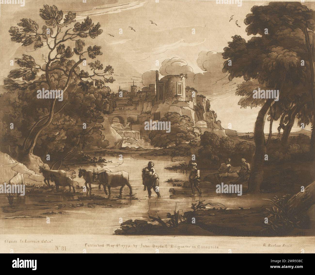 Landscape near a town with shepherds and cattle crossing a stream ...