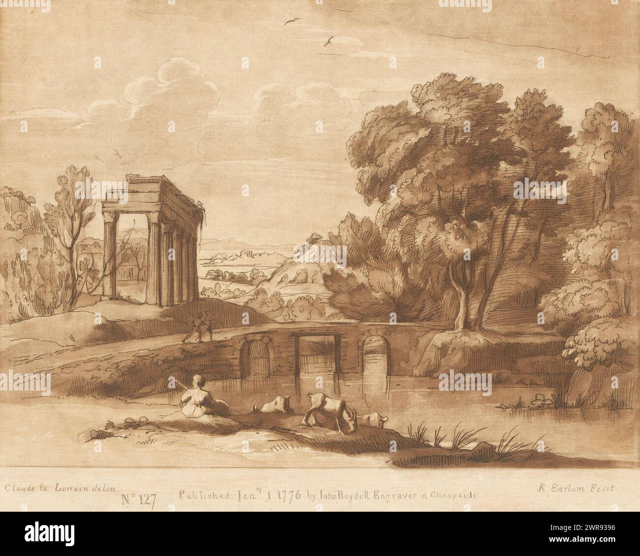 Landscape with stone bridge, ruin and three goats, Prints after ...