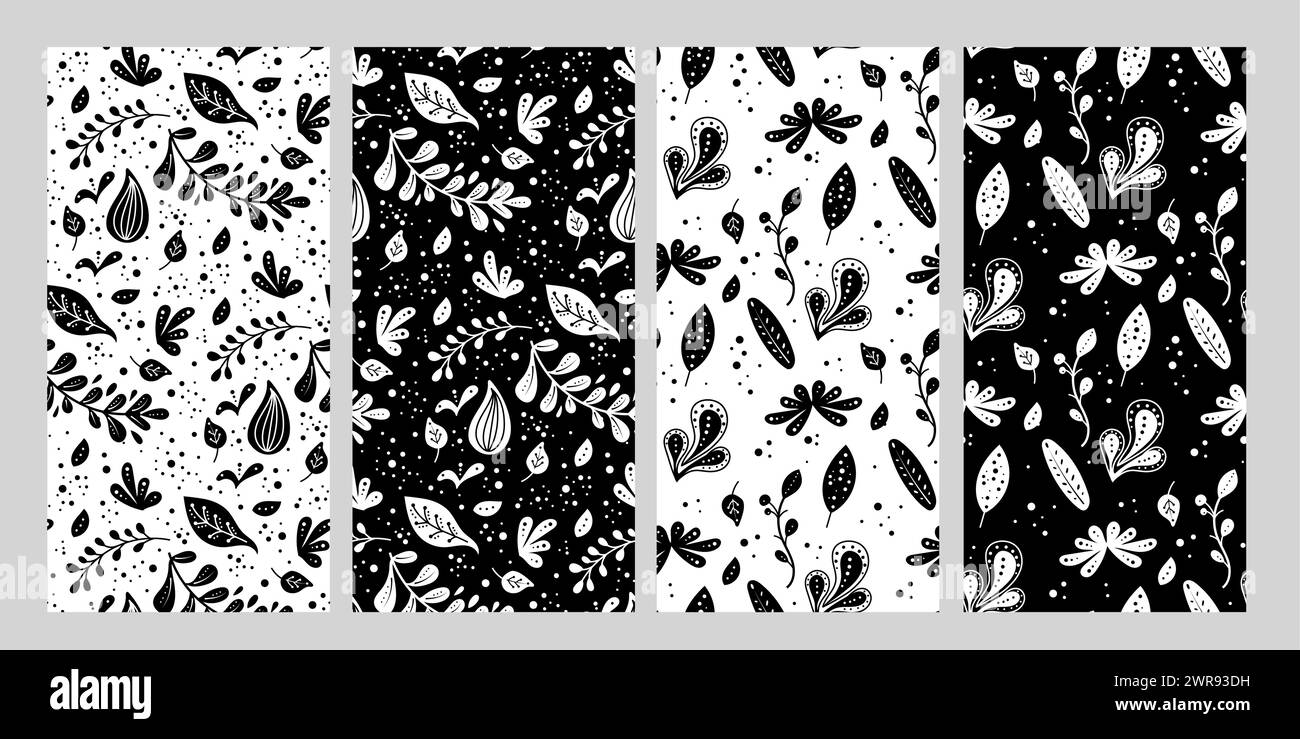 Seamless neo folk art vector patterns set with flowers, black and white ...