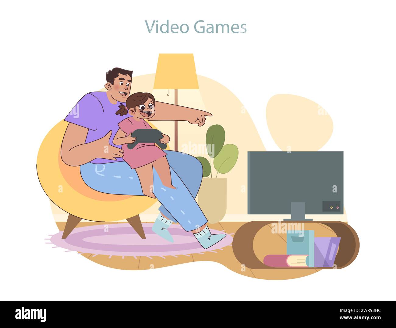 Indoor gaming set. A child and parent share a moment of joy playing ...