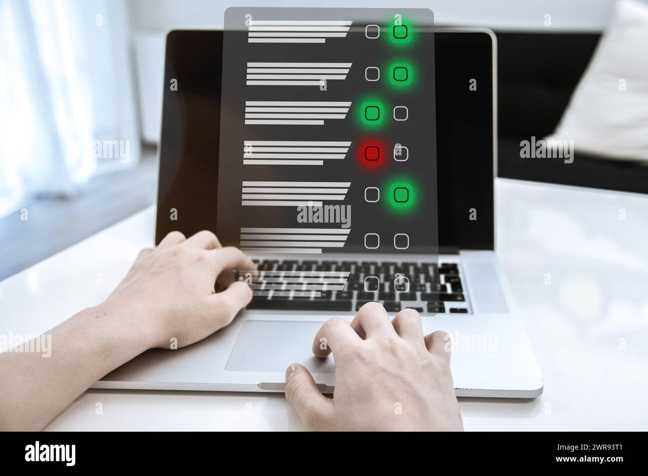 Man do online exam on virtual screen. Answer a survey filling out a ...