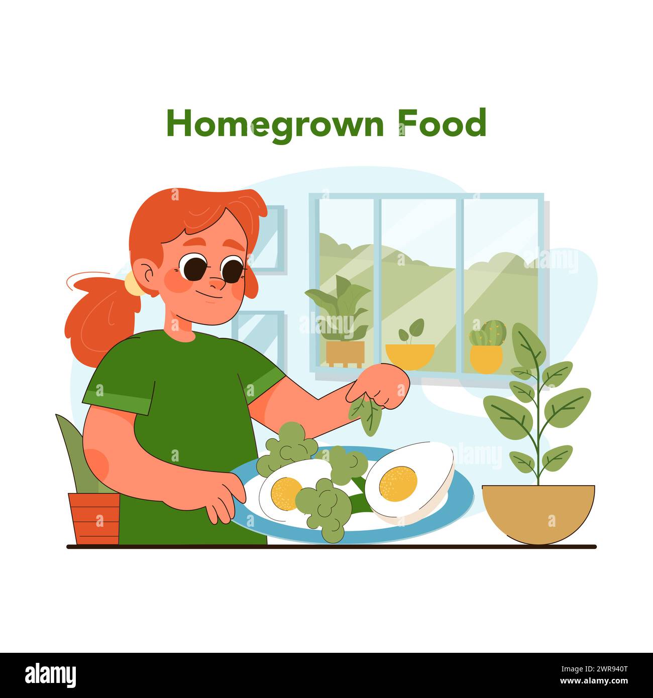 Homegrown food concept. Young girl proudly presents meal with ...