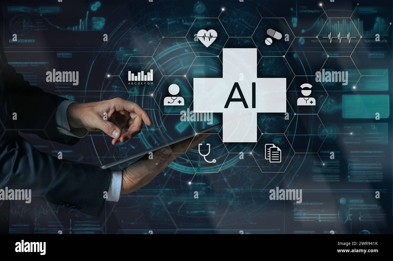 Artificial intelligence for patient treatment. Doctor use AI for diagnosis. Medical research ...