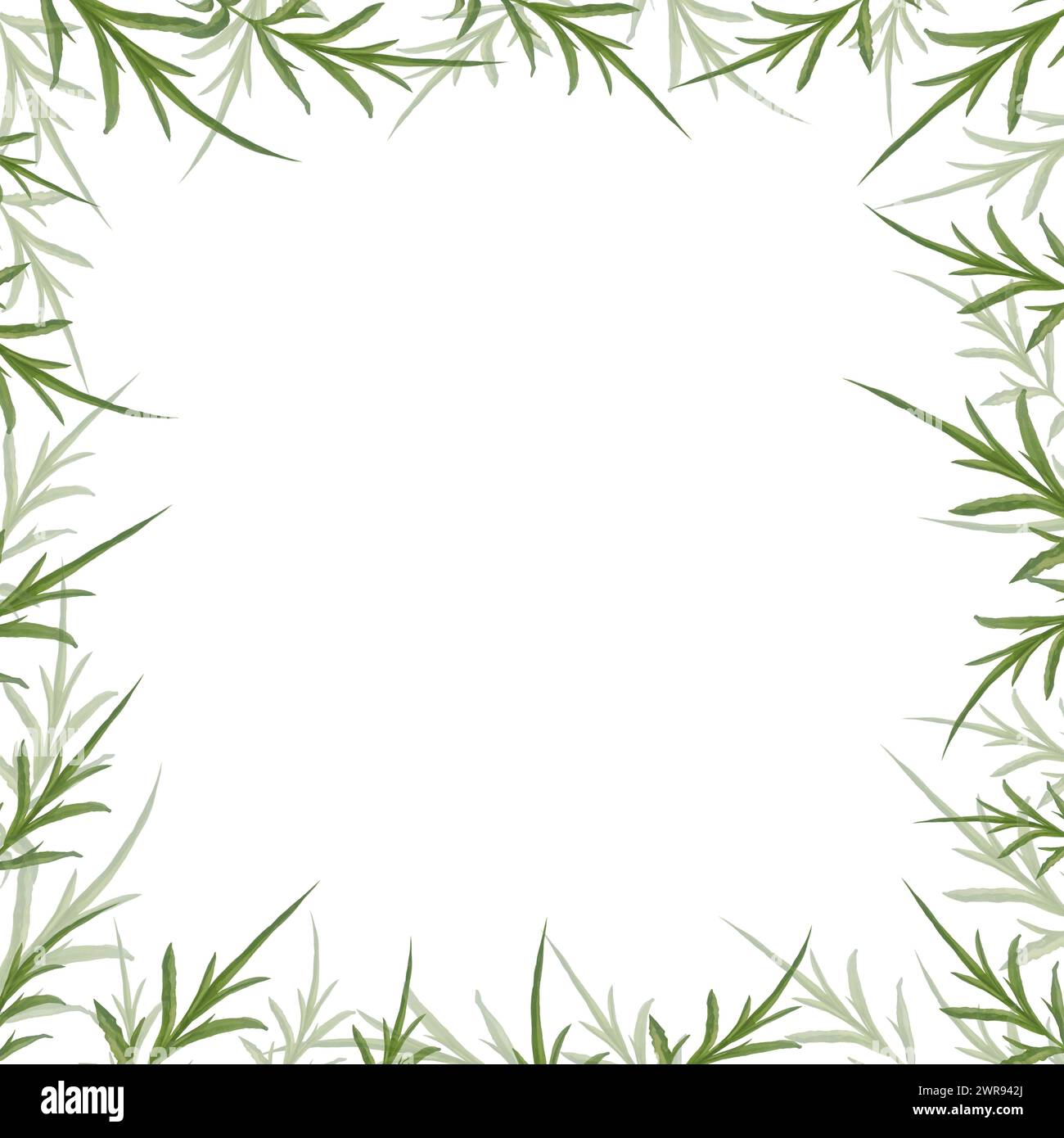 Green watercolor leaves and branches square wreath, hand drawn botany ...