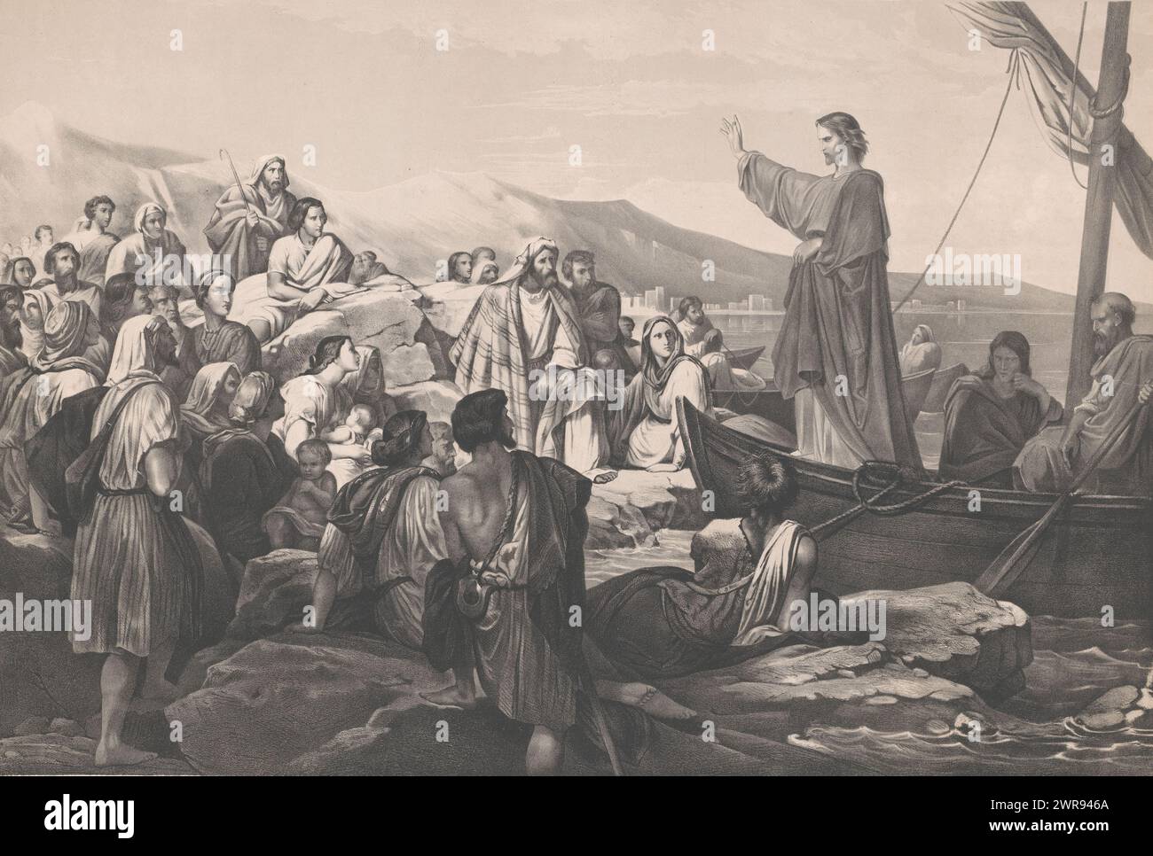 Christ tells parables from a boat, "And he preached unto them" (title ...