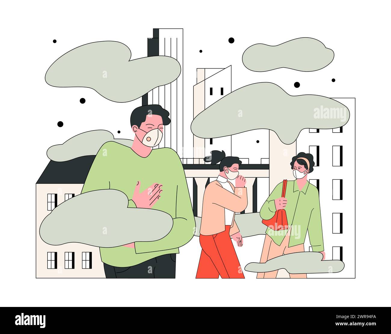 Air quality awareness. Urban smog. Citizens wearing masks in heavy smog ...