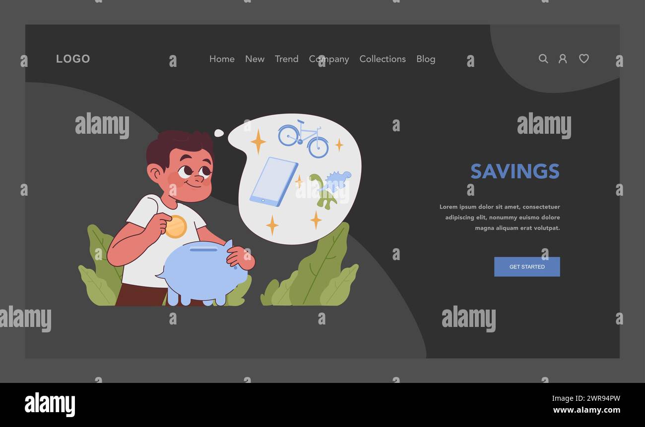 Personal savings dark or night mode web, landing. Cheerful boy deposits ...