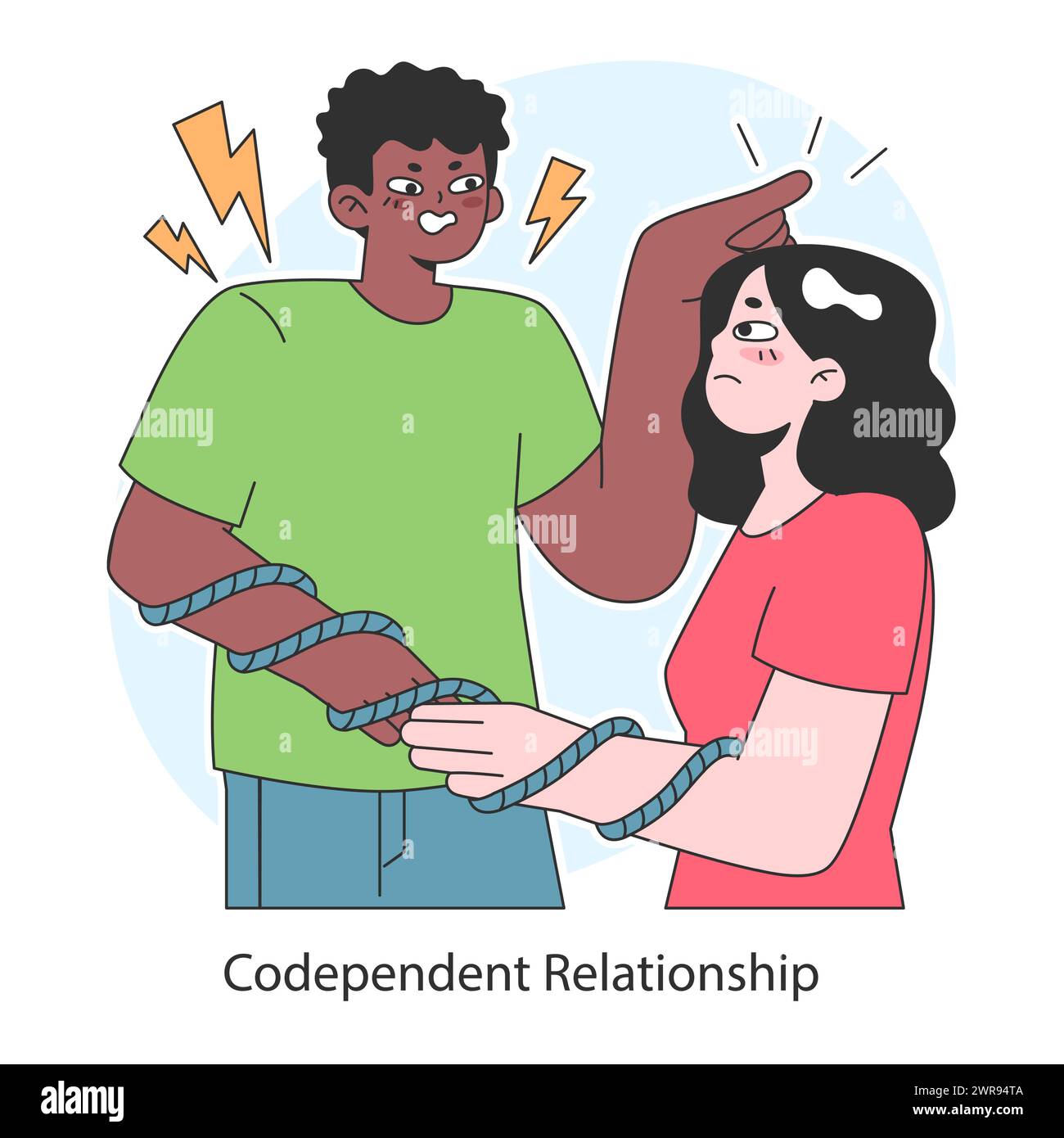 Codependent relationship. Psychological dependence, addiction in unhealthy couple dynamic. Man ...