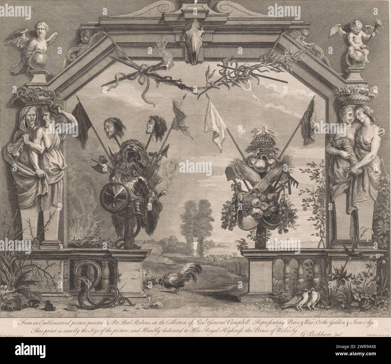 Allegory of war and peace, print maker: George Bickham (II), after ...