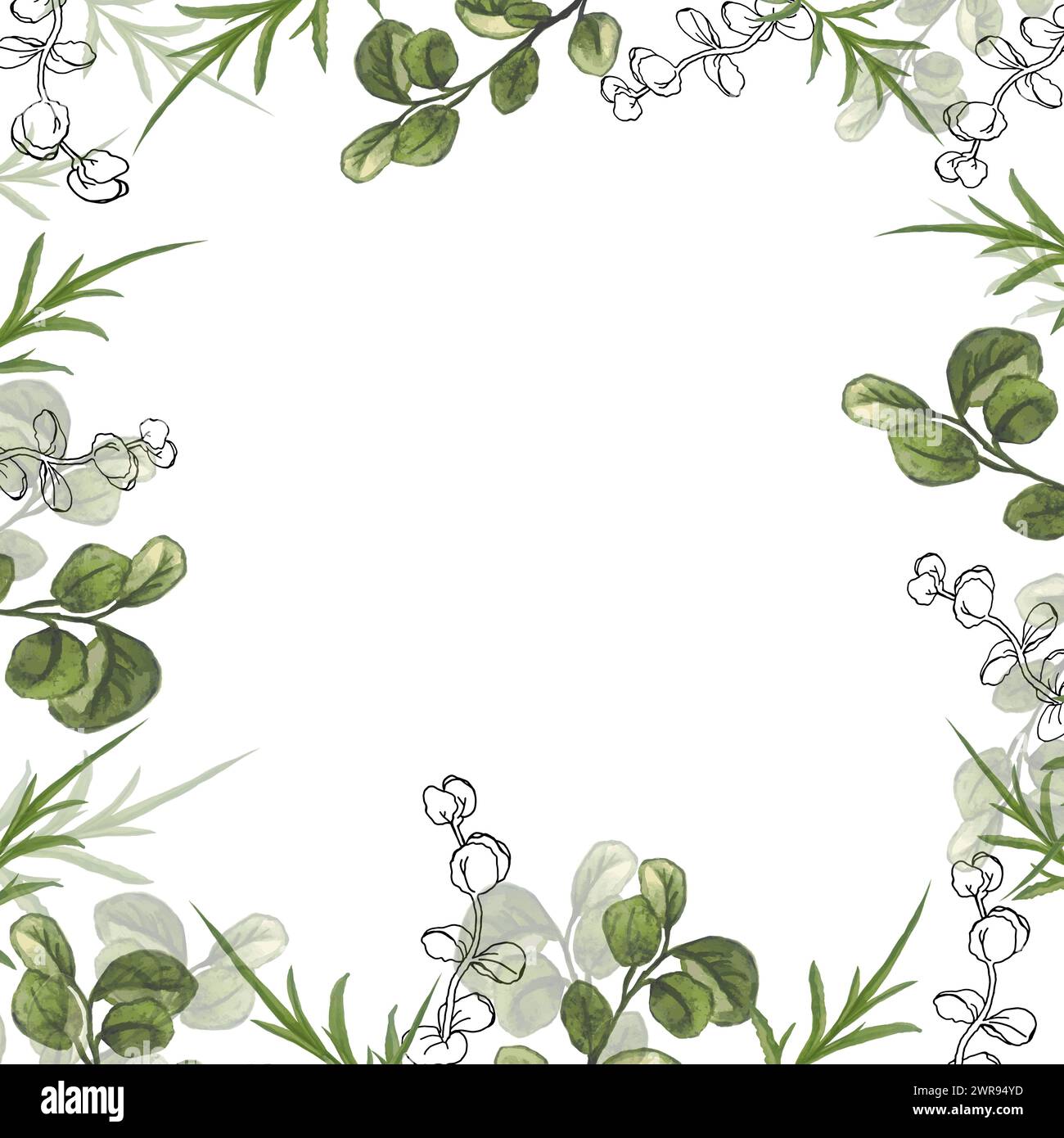 Green watercolor leaves line art and branches square wreath, hand drawn ...