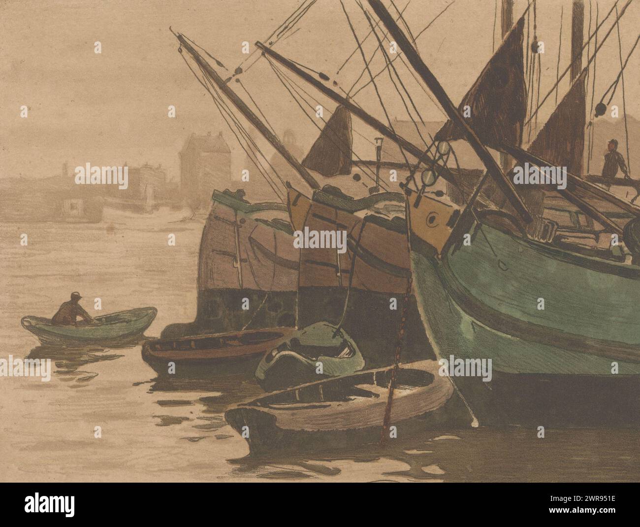 Three peat barges with rowing boats in the IJ, Schuiten in 't IJ with ...