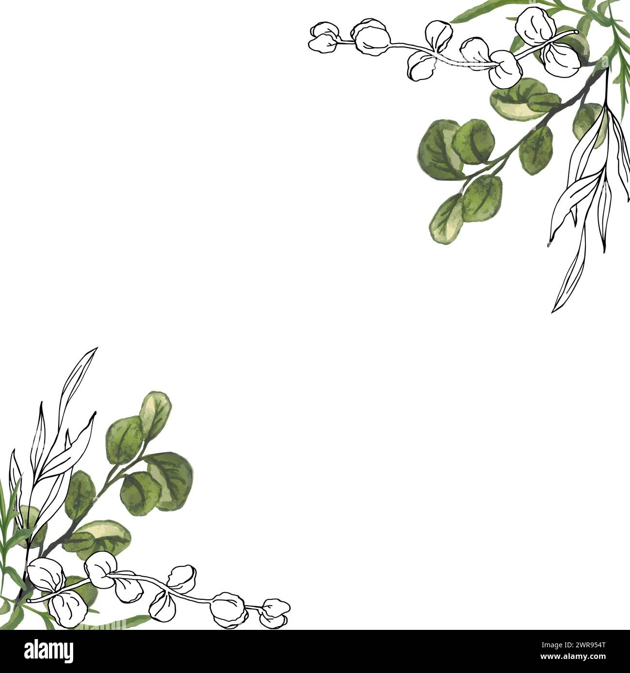 Green watercolor leaves line art and branches square wreath, hand drawn ...