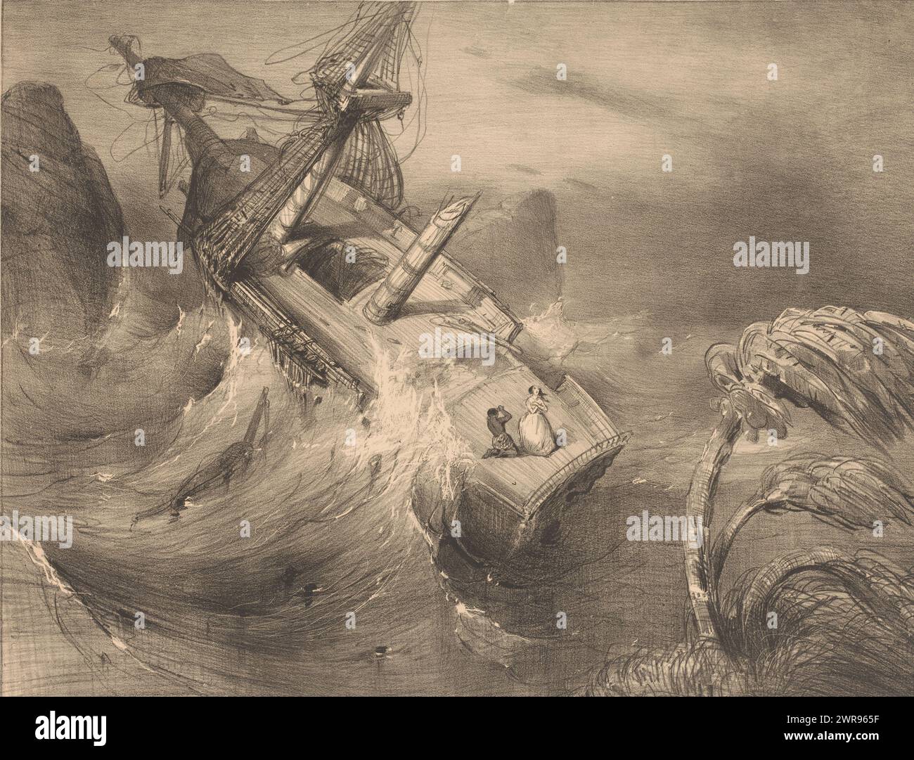 Ship in distress during a heavy storm, A woman and black man sit on the ...