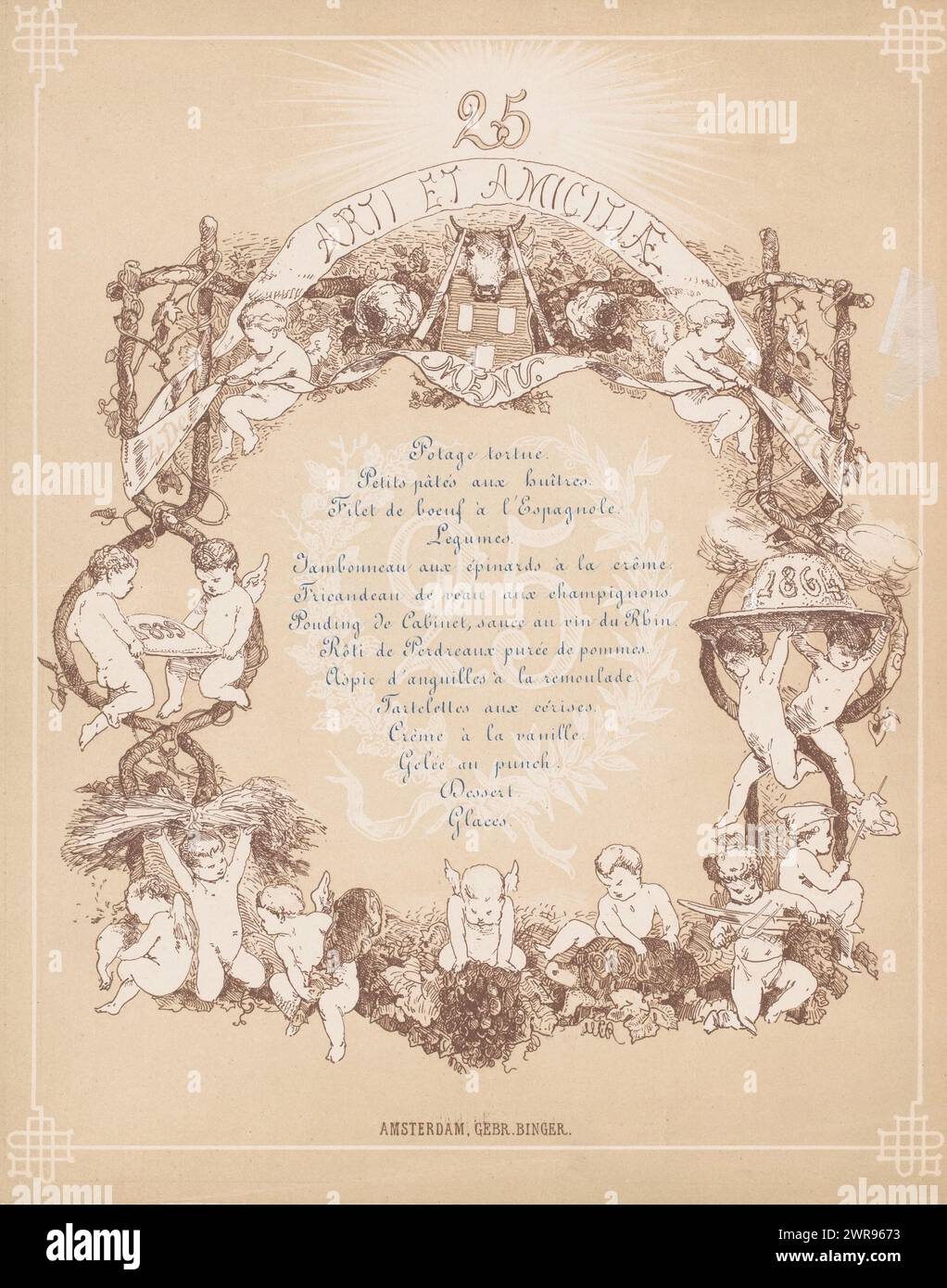 Frame with putti around menu, Menu of a dinner at Arti et Amicitiae in ...