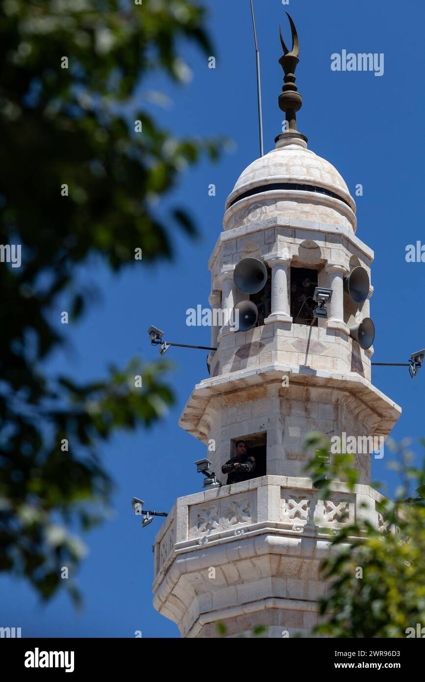 A tower of Isa (Jesus) mosque in Betlehem, Palestine is seen on May 25 ...