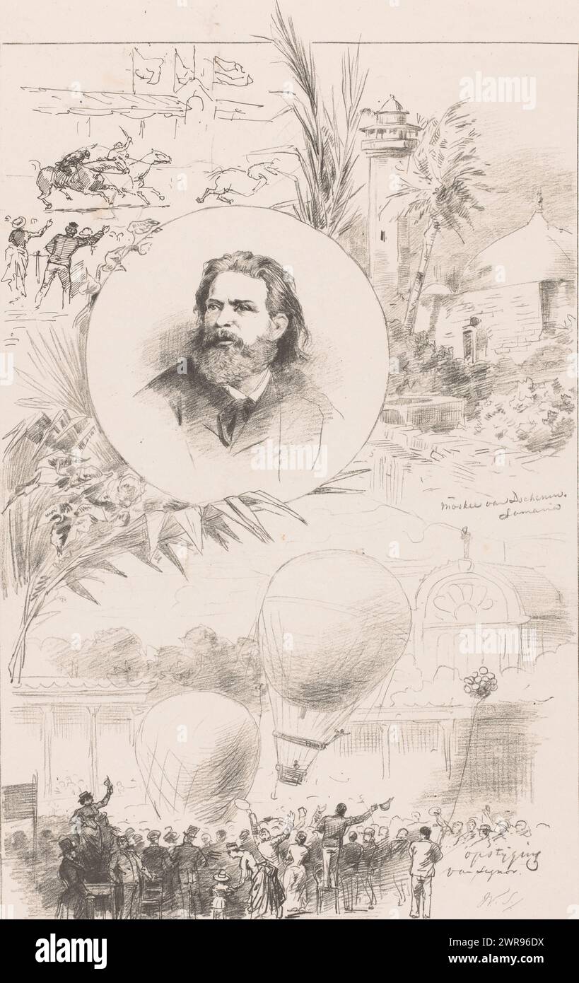 Portrait of Léon Gambetta and his hot air balloon flight, Below the ...