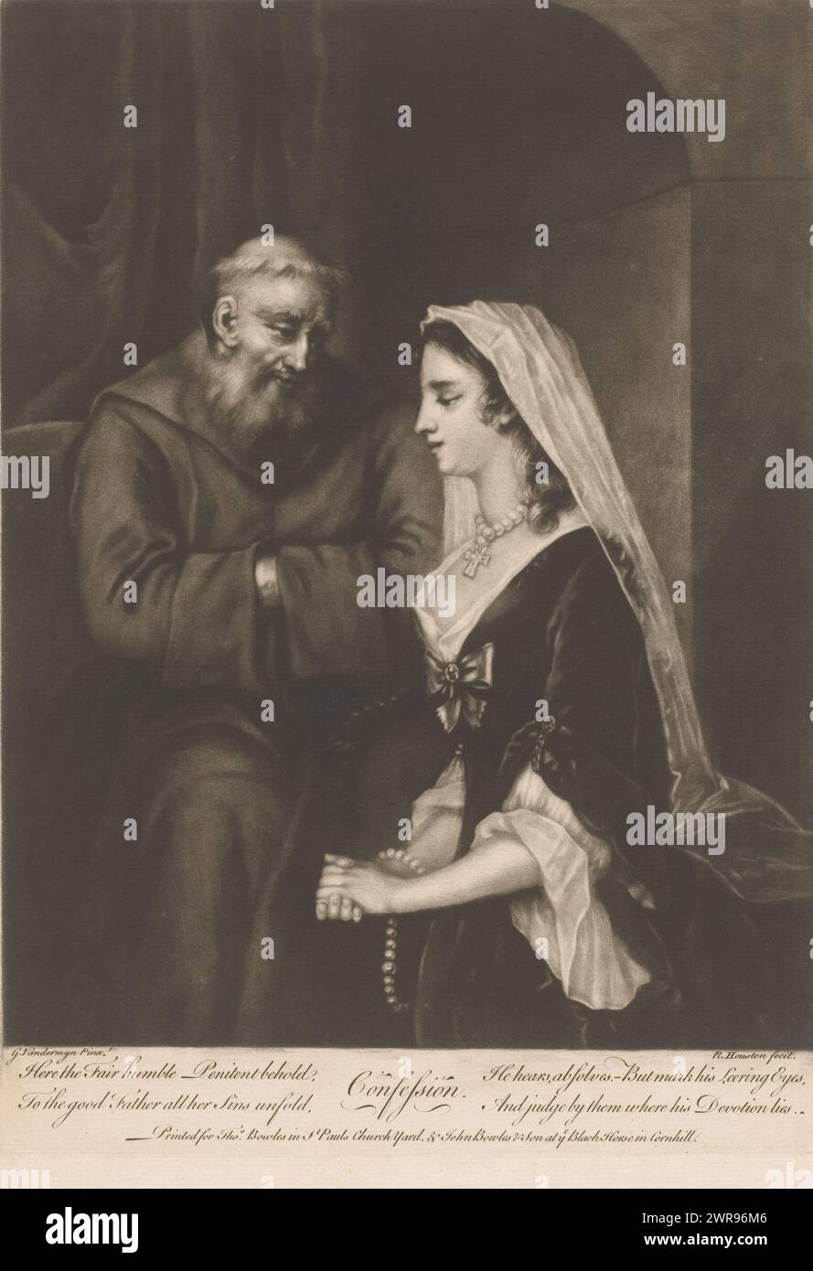 Young woman confesses to a monk, Confession (title on object), Text in ...