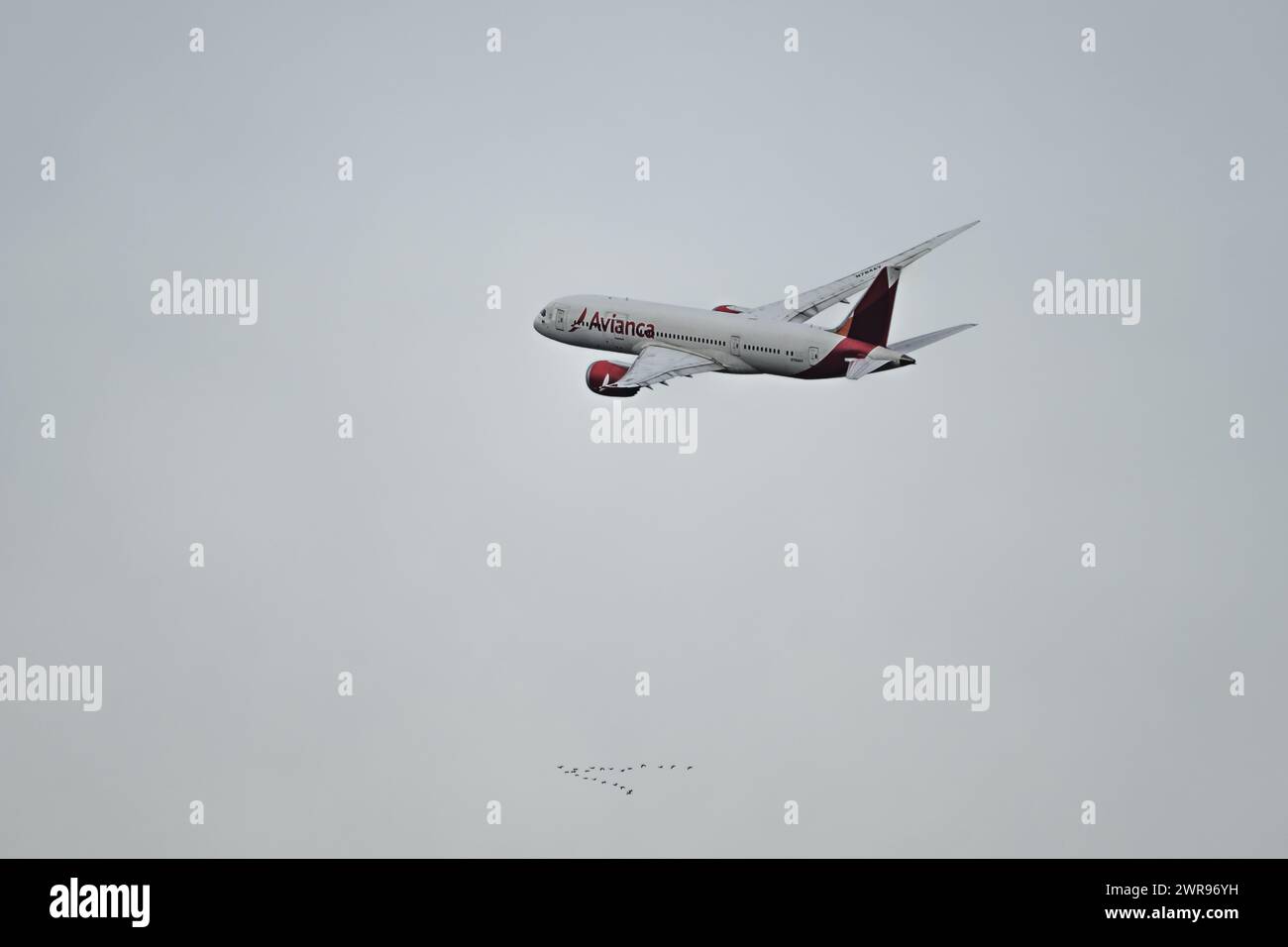 A passenger plane of a well-known airline turning in the sky to head ...