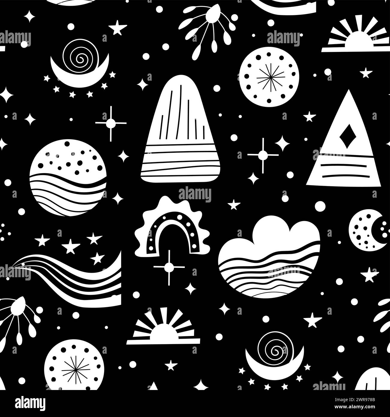 Seamless neo folk art vector pattern with mountains, moon and flowers ...