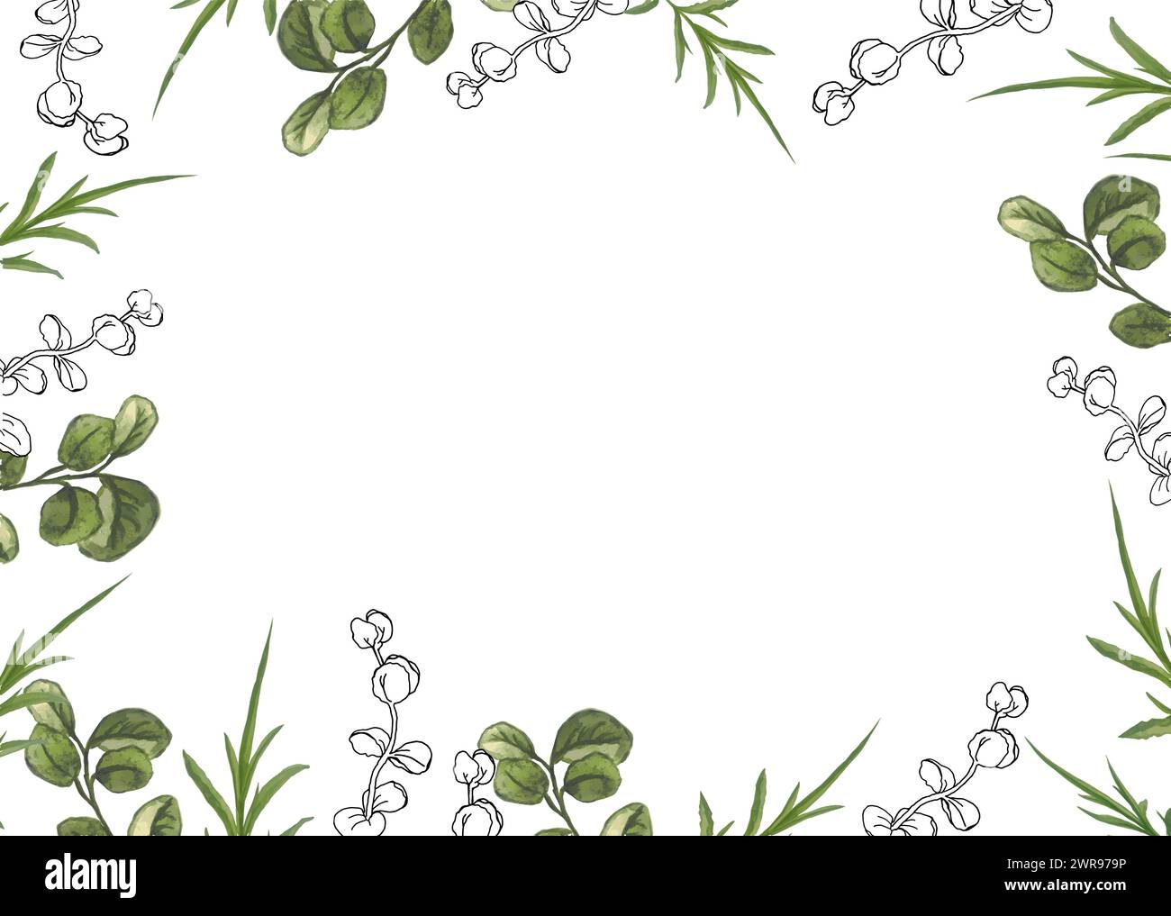 Line art and green watercolor leaves and branches banner wreath, hand ...