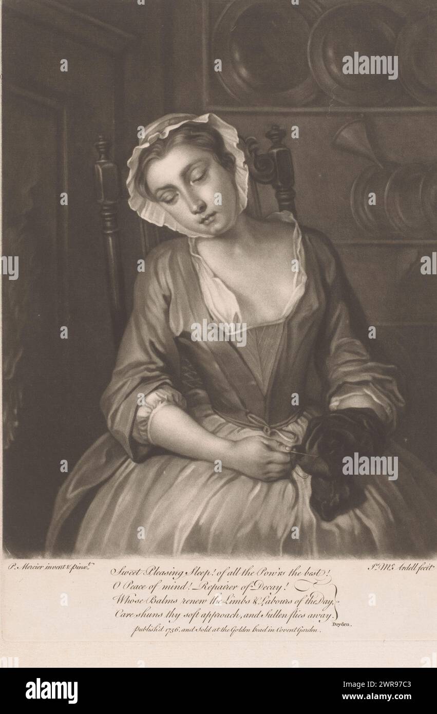 Portrait of an unknown woman sleeping in a chair, With four-line verse ...