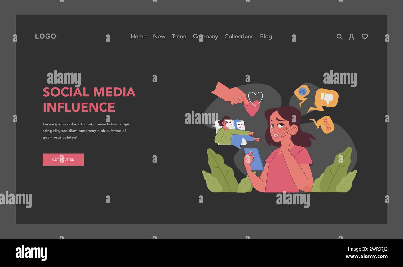 Social media impact dark or night mode web, landing. Distressed girl ...