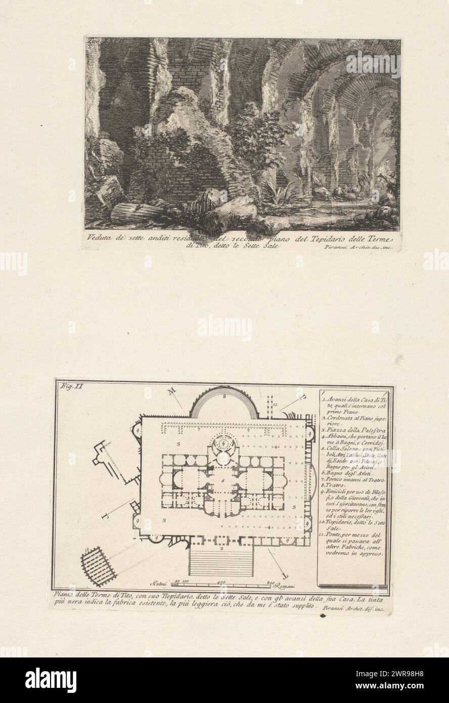 Remains and plan of the Baths of Trajan in Rome, Veduta de sette anditi ...