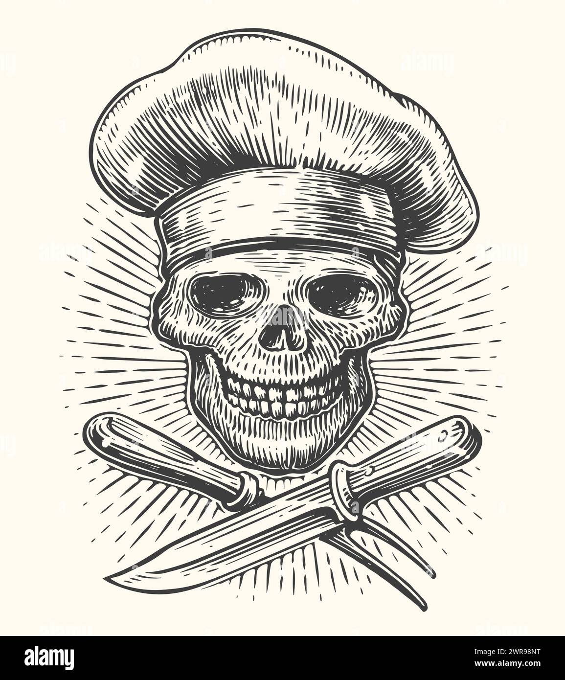 Chef skull vector illustration. Grinning skull in chef hat with crossed ...