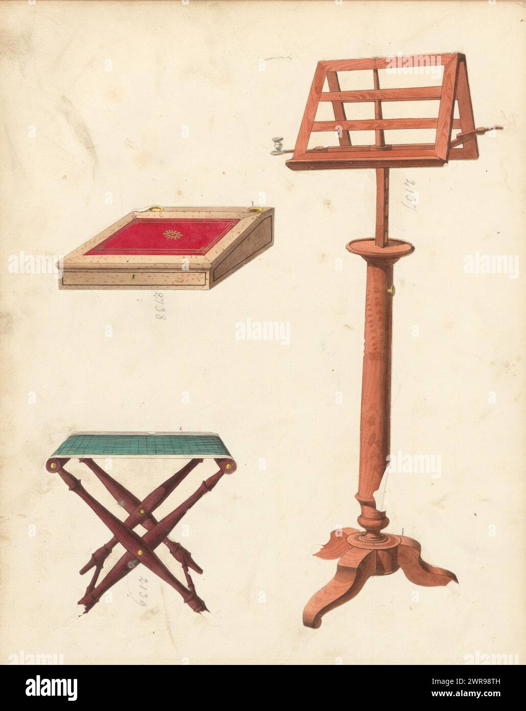 Three designs, a music stand, a folding chair and a lectern with ...