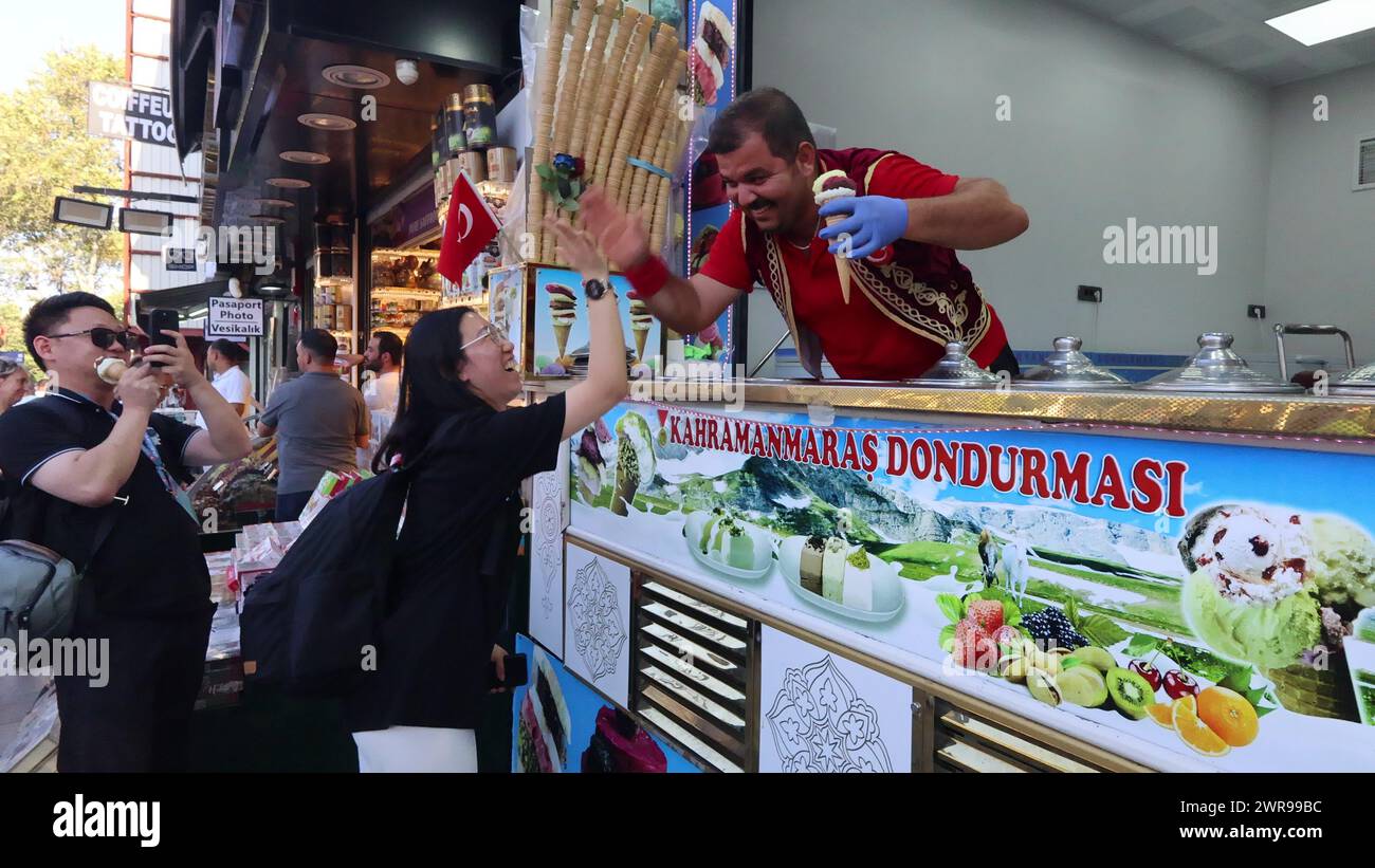 Istanbul, Turkey - Aug 2,2023:Dondurma ice cream makers dressed in ...