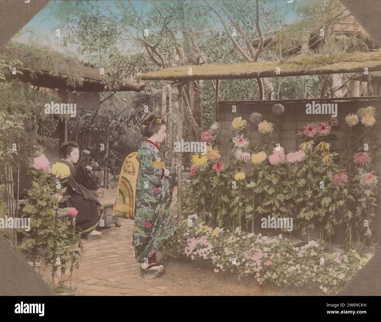 Two women in a flower garden, Japan, This photo is part of an album ...