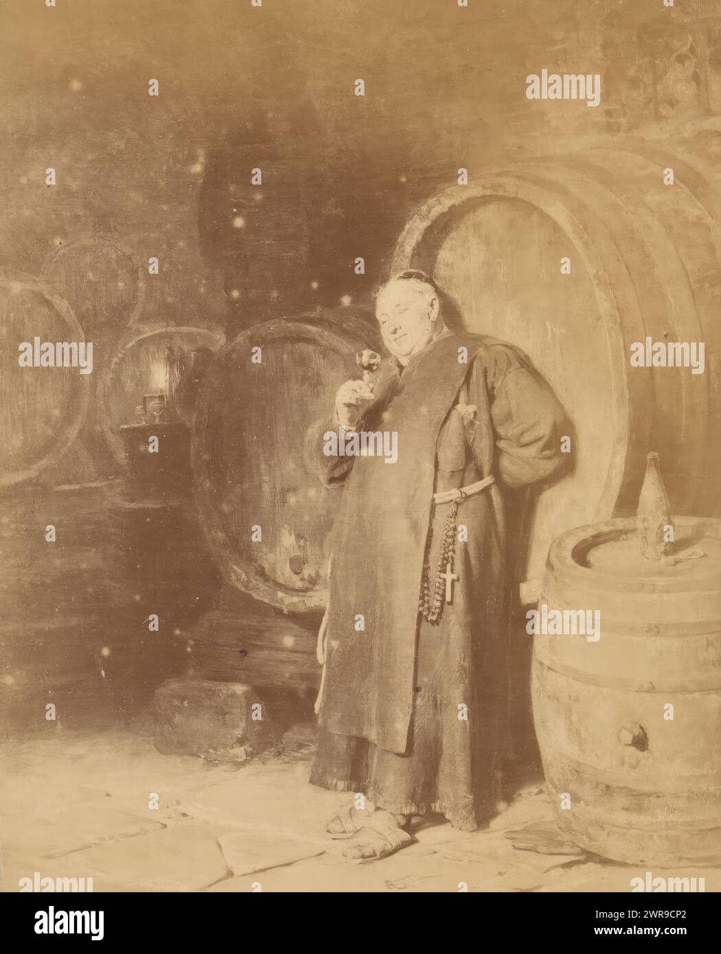 Photo reproduction of a painting with a monk drinking wine in a wine ...