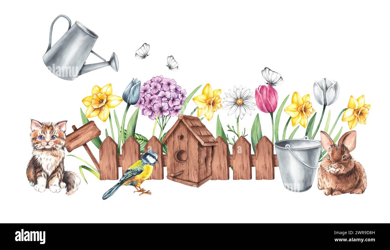 Spring watercolor illustration with flowers, cute animals and birds ...