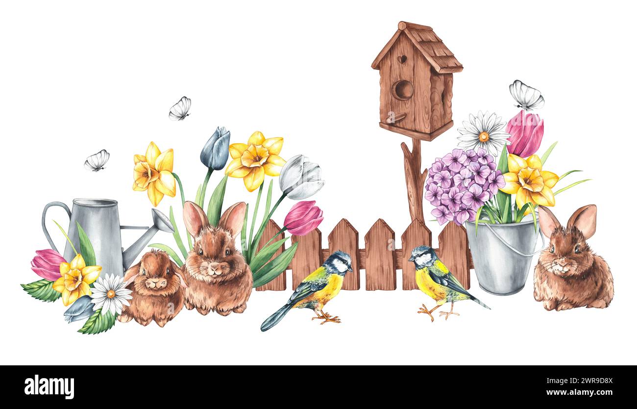 Spring watercolor illustration with flowers, cute bunnies and birds ...