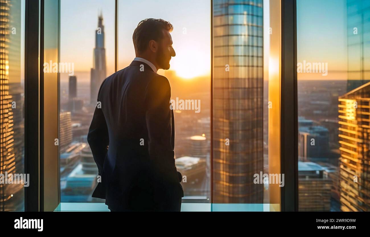 Back view of a businessman in office standing in front of a skyline of ...