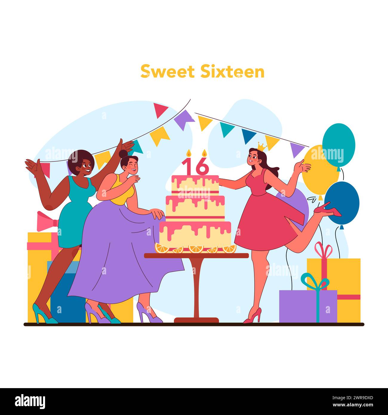 Sweet sixteen concept. Milestone birthday with grand cake and joyous ...