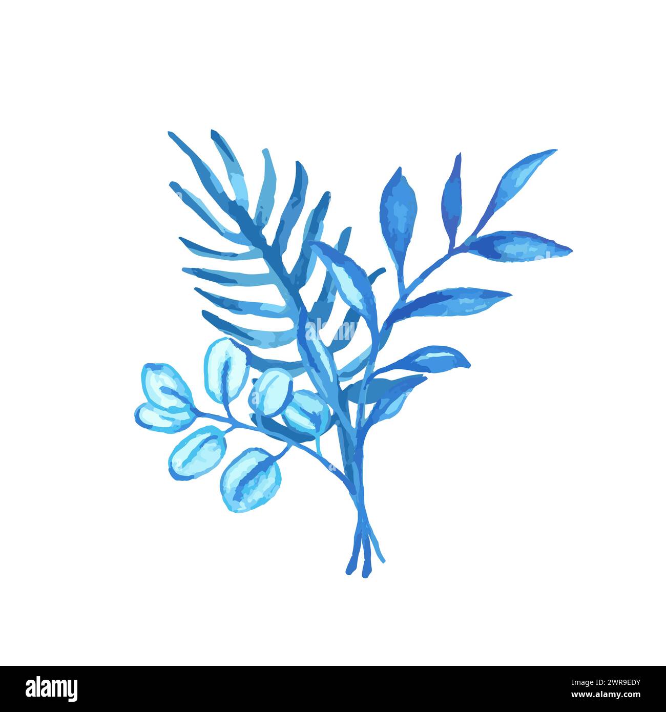 Blue watercolor leaves for card or invitations. Hand drawn greenery ...