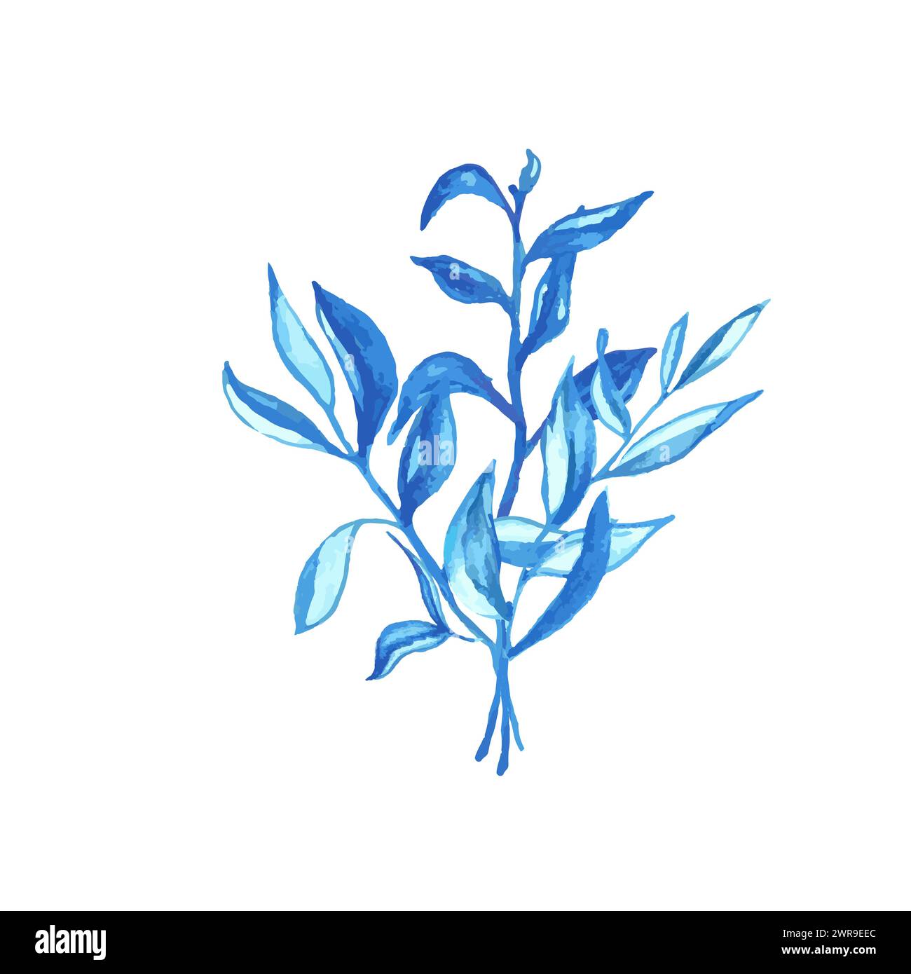 Blue watercolor leaves for card or invitations. Hand drawn greenery ...