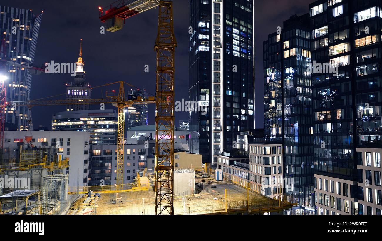 Warsaw, Poland. 6 March 2024. Night view of the apartment building ...