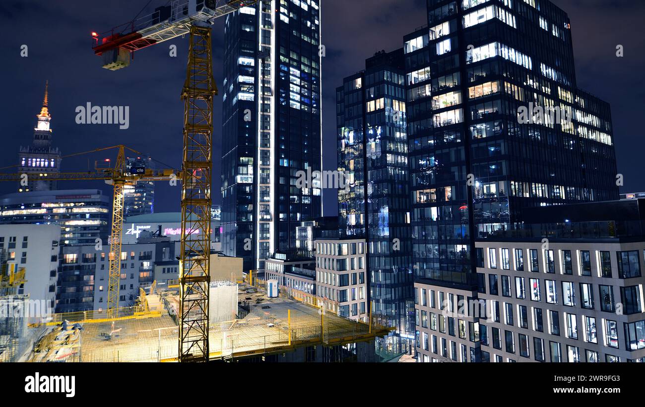 Warsaw, Poland. 6 March 2024. Night view of the apartment building ...