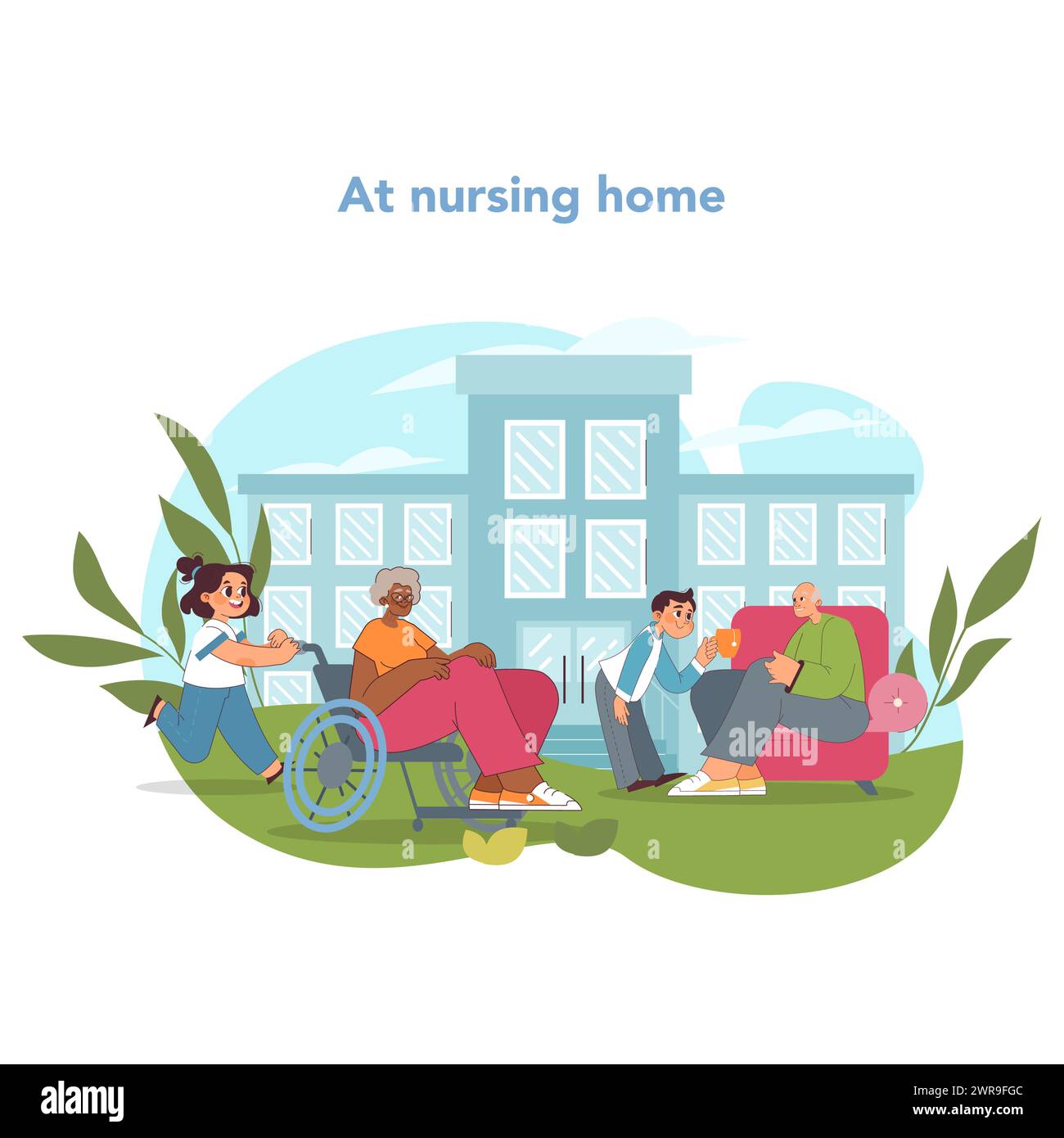 Senior care concept. Youthful volunteers sharing time and joy with ...