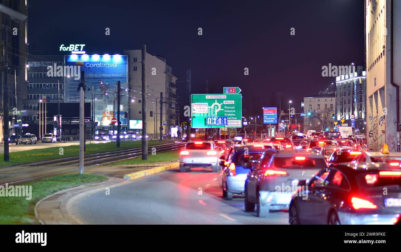 Warsaw, Poland. 6 March 2024. Night in Warsaw city center. Motion ...