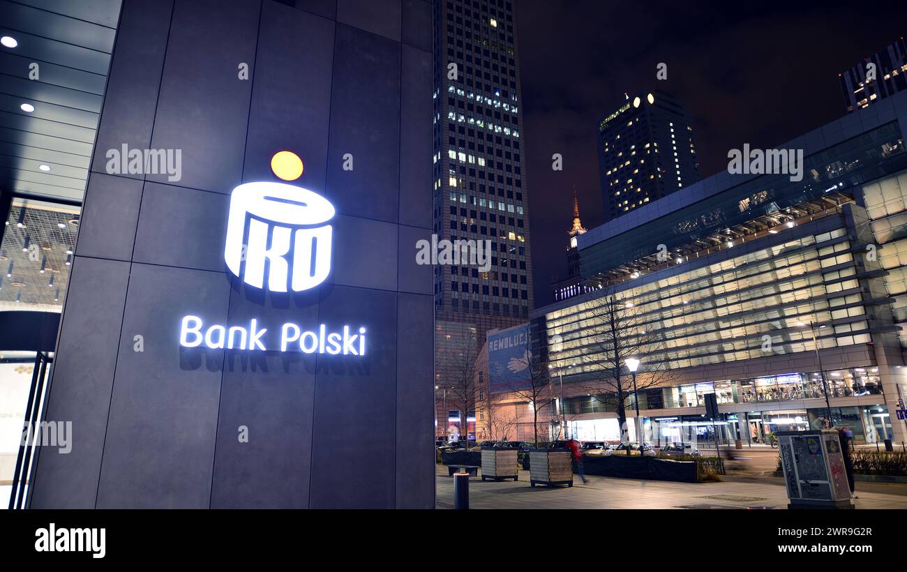 Warsaw, Poland. 6 March 2024. Night view of signage on the facade Pko ...