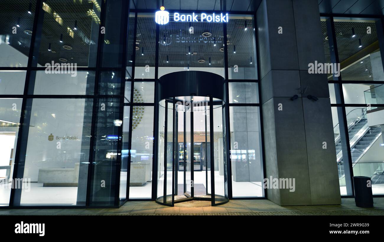 Warsaw, Poland. 6 March 2024. Night view of the entrance to the ...