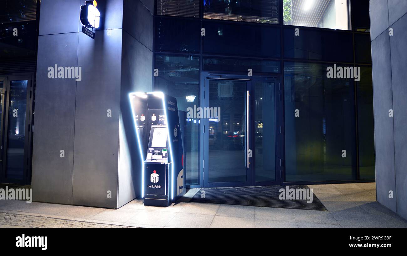 Warsaw, Poland. 6 March 2024. Night view of the entrance to the ...